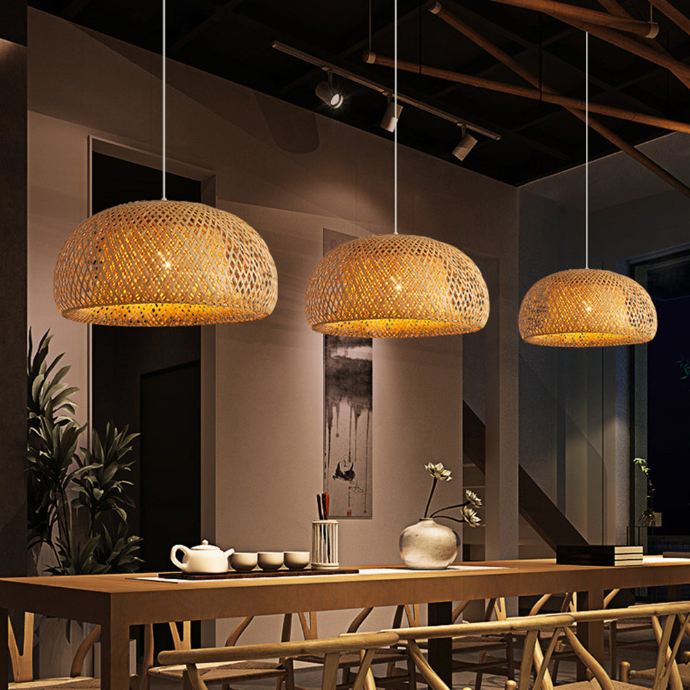 Aeyee Boho Style Bamboo Pendant Light Fixture 1 Light Dome Shape Woven ...